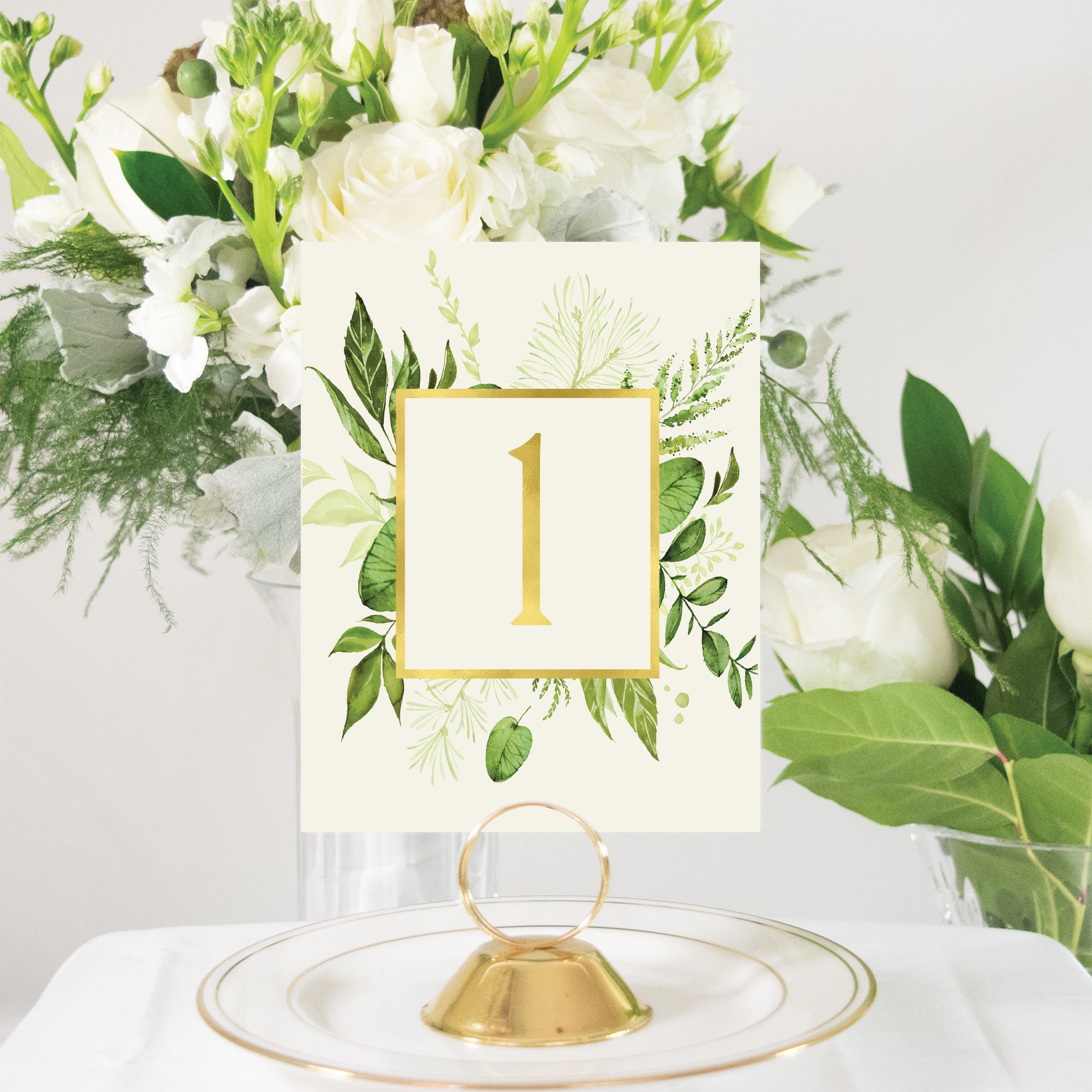 Greenery and Gold Foil Elegant Border Table Numbers Handmade - Etsy