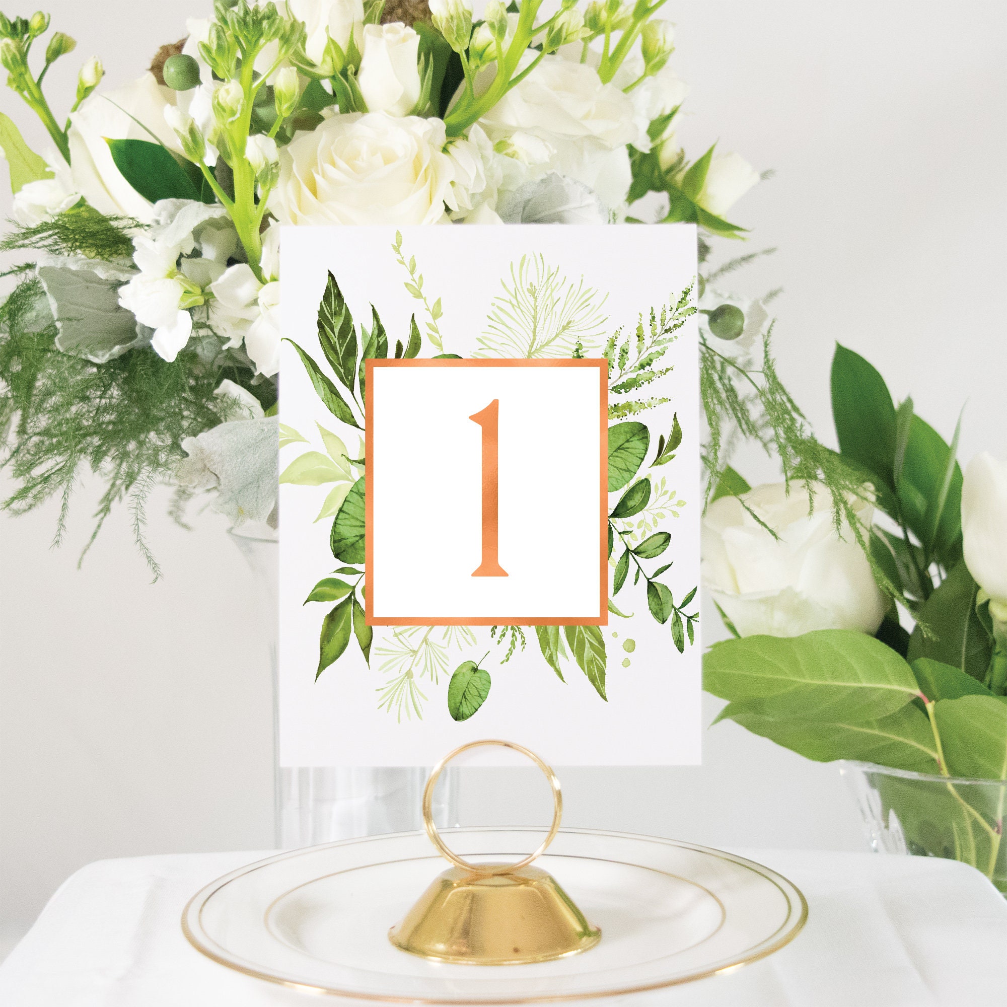 Greenery and Gold Foil Elegant Border Table Numbers Handmade | Etsy