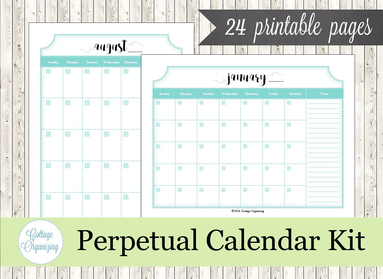 Printable Perpetual Calendar Kit, 24 Monthly Calendar Pages, Teal Blue ...
