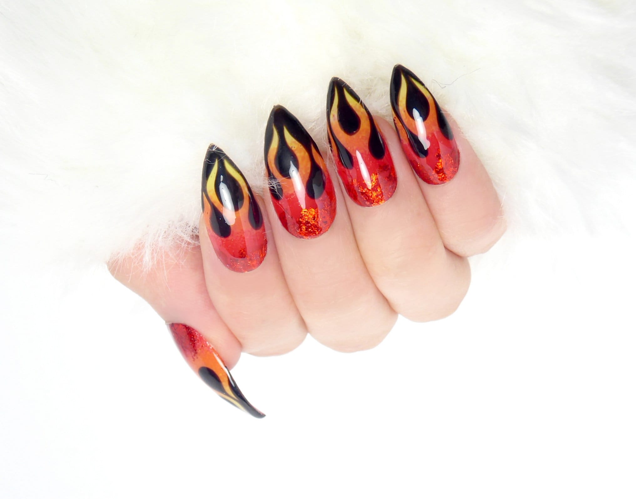 Flame Nails ／ Reusable Holographic Press on Nail Set Art Fire Gift Holo ...