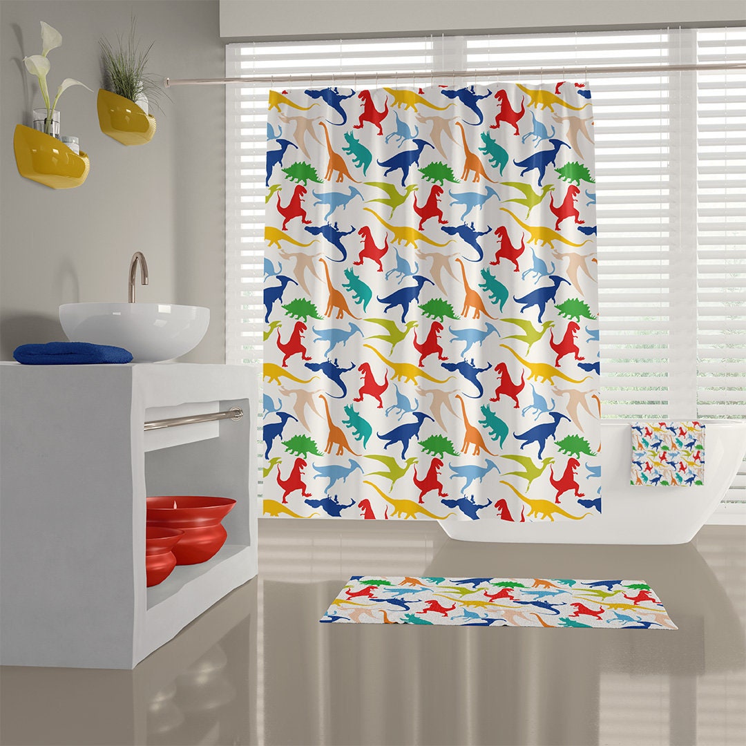 Cute Dinosaur Shower Curtain, Bath Mat and Towel Set, Kids Bathroom ...
