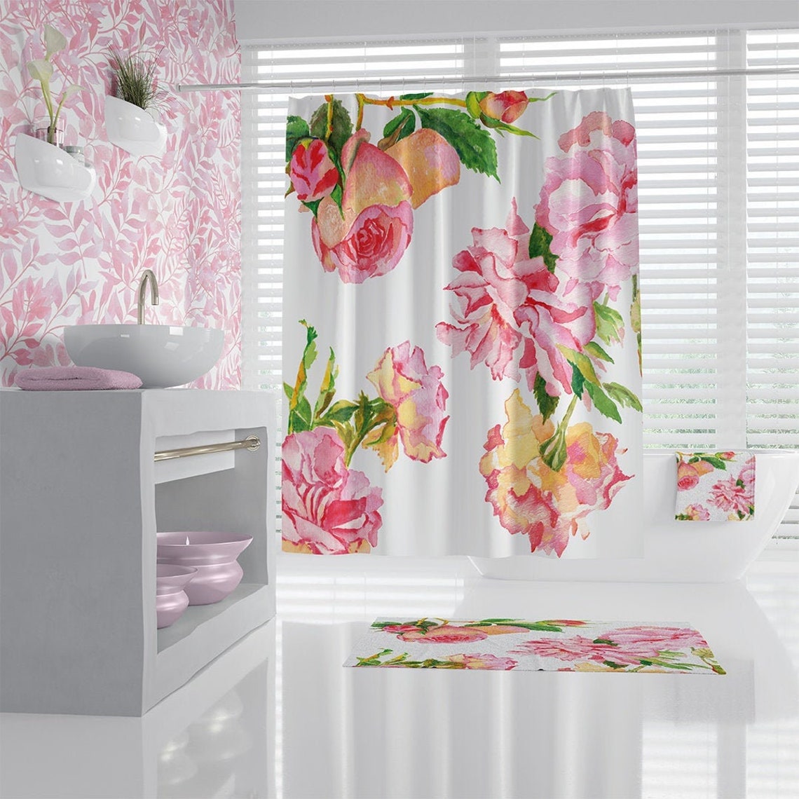 Pink Roses Modern Floral Shower Curtain. Extra Long Shower - Etsy