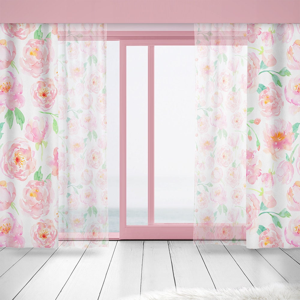 Pink Peony Watercolor Floral Window Curtains Blackout | Etsy