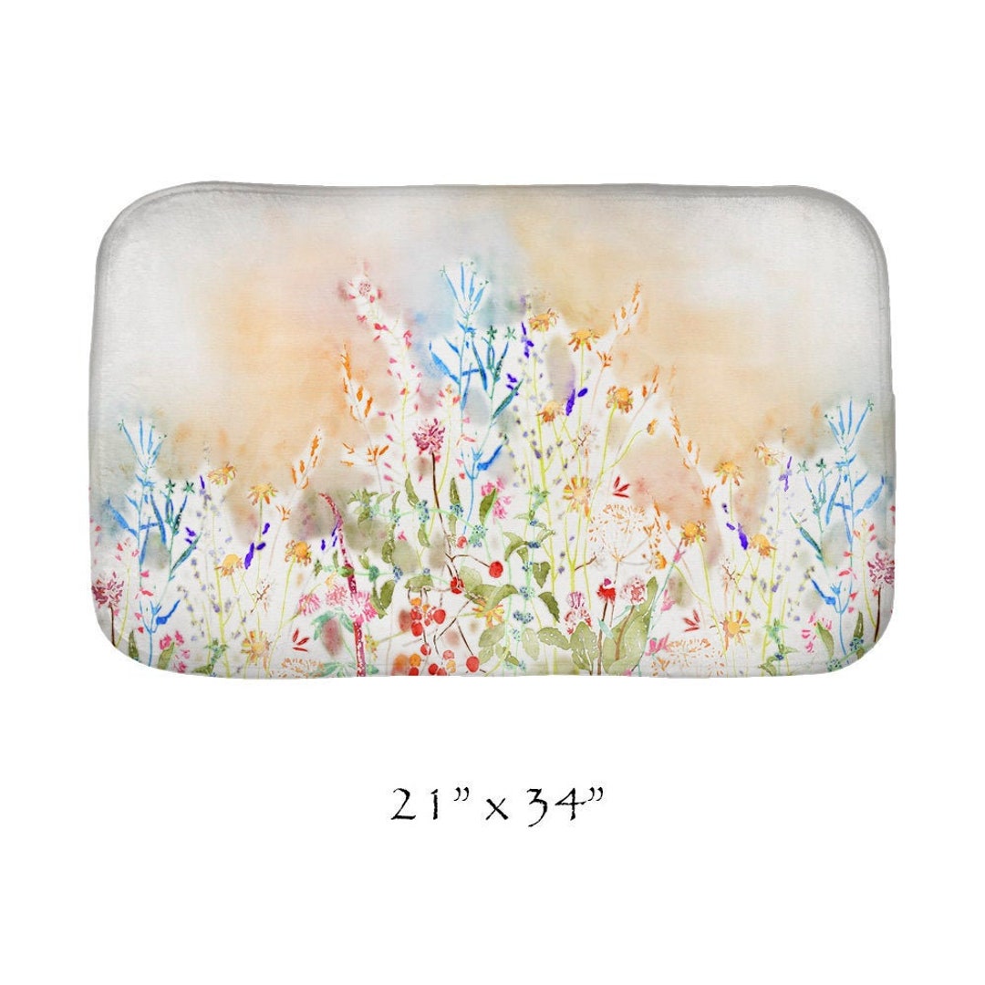 Watercolor Floral Bath Mat With Wildflowers. Farmhouse Bathroom ...