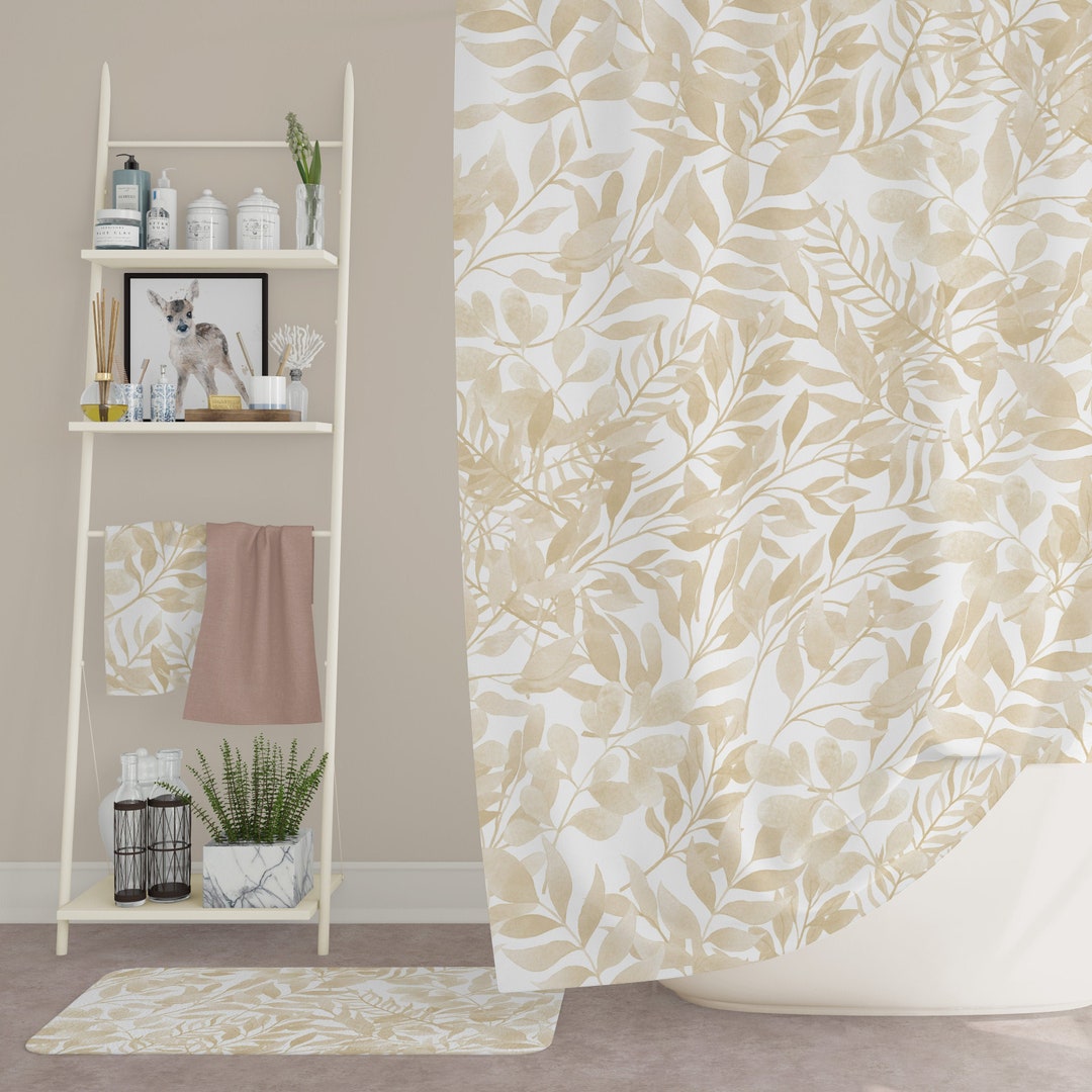 Botanical Leaf Shower Curtain: Beige Watercolor Farmhouse Bath Decor - Etsy