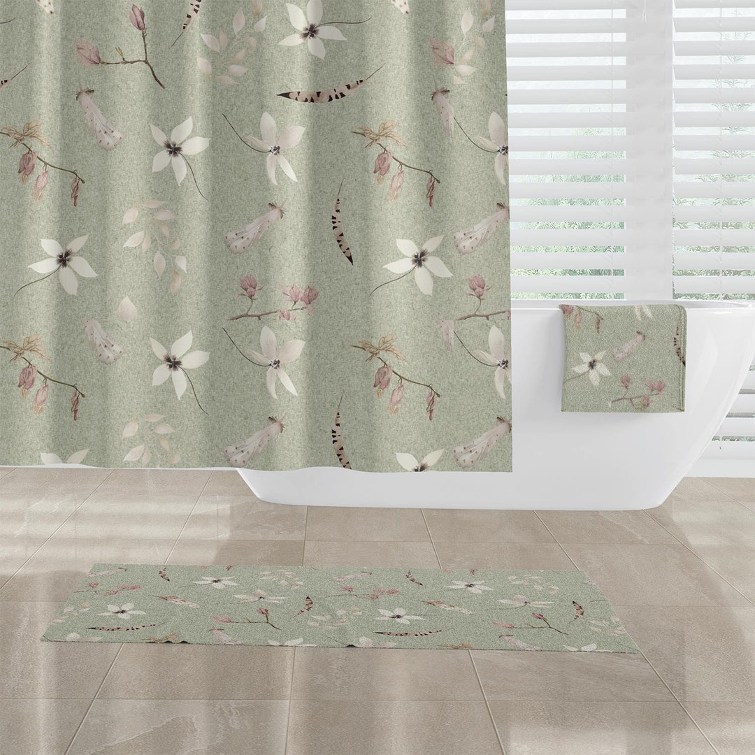 Boho Chic Green Bathroom Floral Shower Curtain. Unique Muted Green ...
