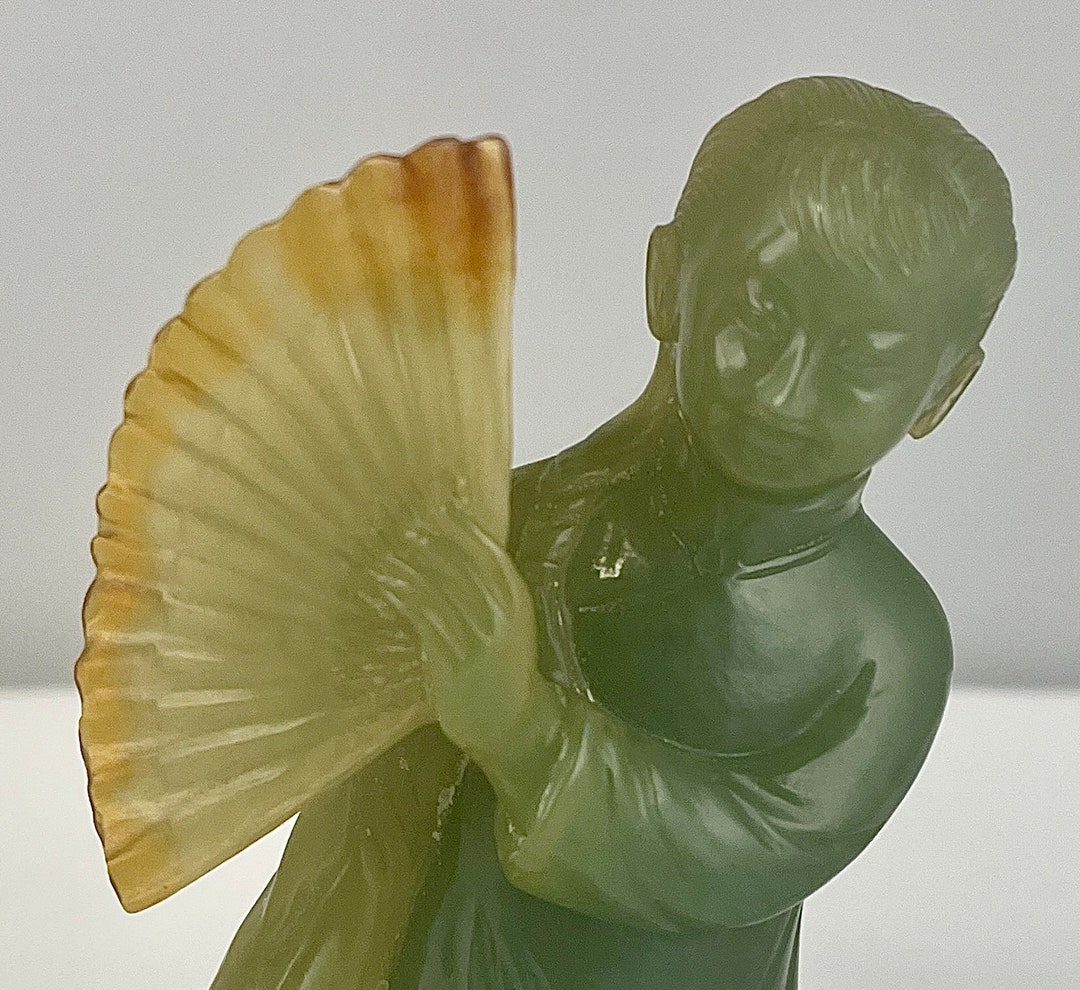 Vintage Chinese Jade Young Girl Figure Dancing With Fans on a Wood Base ...