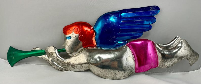 Vintage Pair of Mexican Folk Art Multi-colored Tin Angels Blowing ...