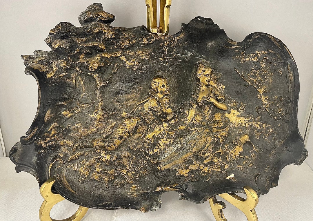 Antique Rococo Bronze Wall Plaque: Lovers in Landscape, Gilt Highlights ...