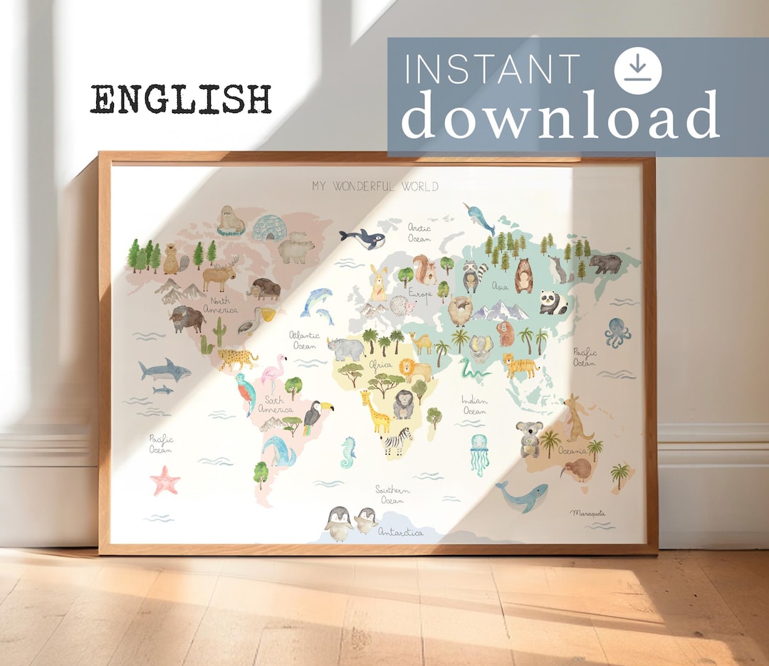 Animal World Map / PRINTABLE / for Kids / English / DIGITAL DOWNLOAD ...