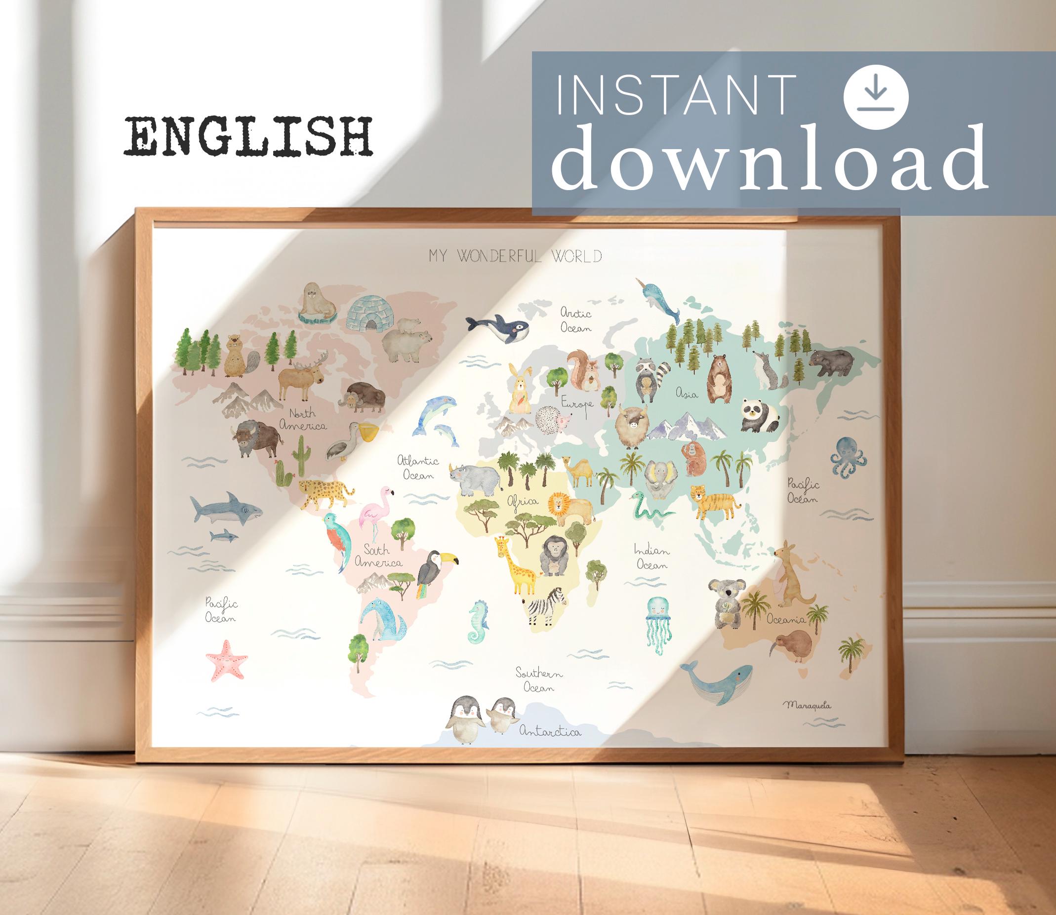 Animal World Map / PRINTABLE / for Kids / English / DIGITAL DOWNLOAD ...