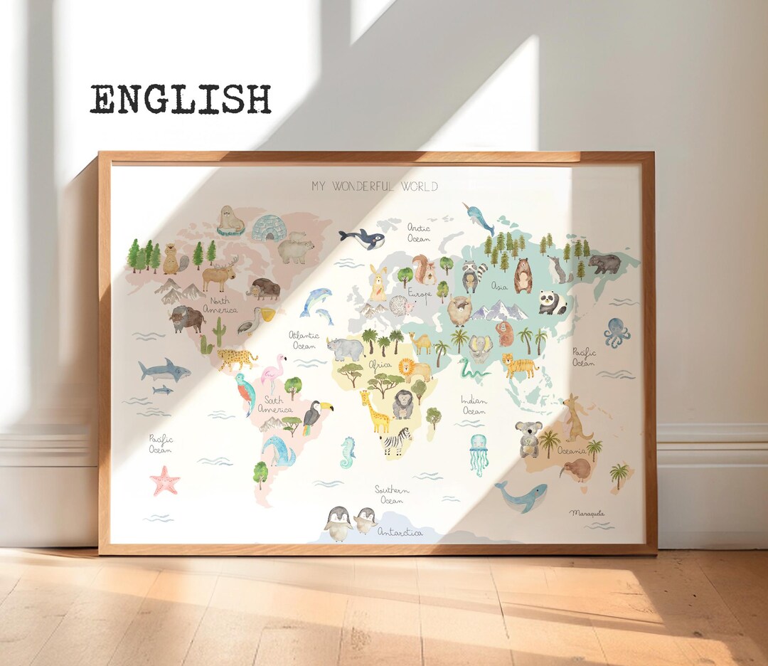 Animal World Map - Educational Watercolor Map for Kids | Nursery Wall ...