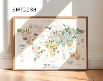 Kids World Map Printable - Playroom Animal World Map - Gender Neutral ...