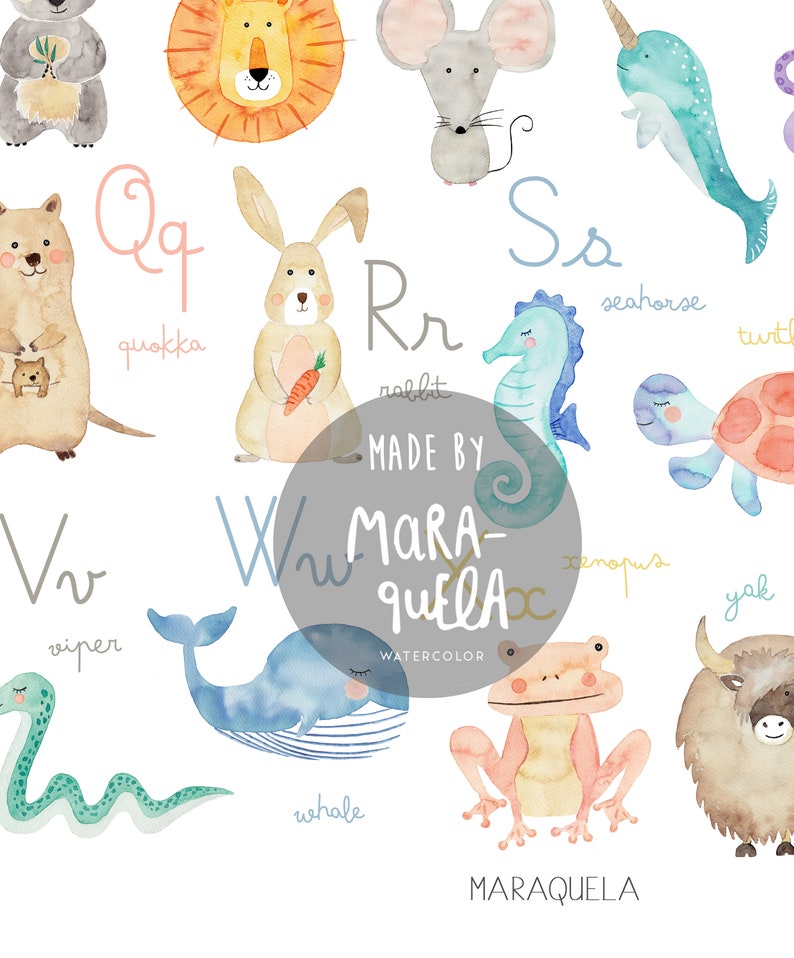 Animal ALPHABET - PRINTABLE Animal ABC Wall Art for Kids in Watercolor ...