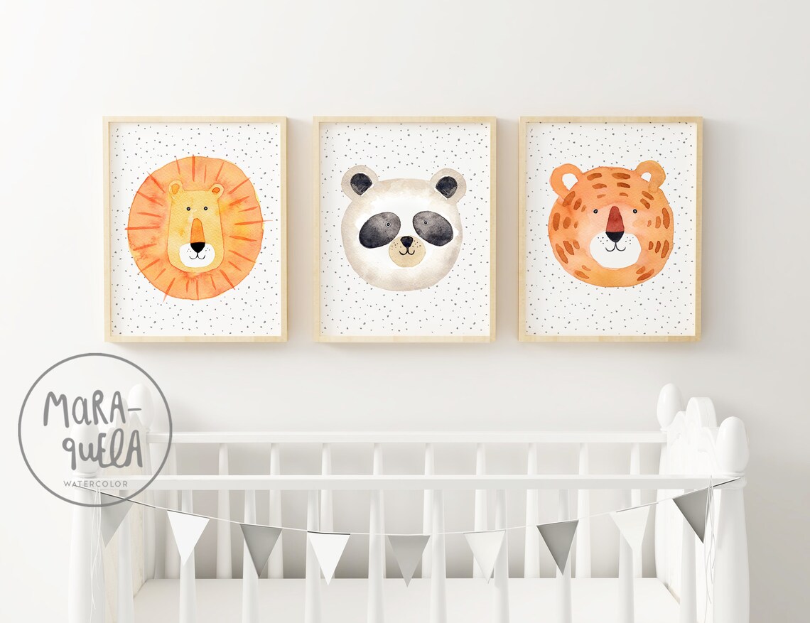 Animals SET - Lion, Panda, Tiger, Nursery Decor, Watercolor Lion, Panda ...