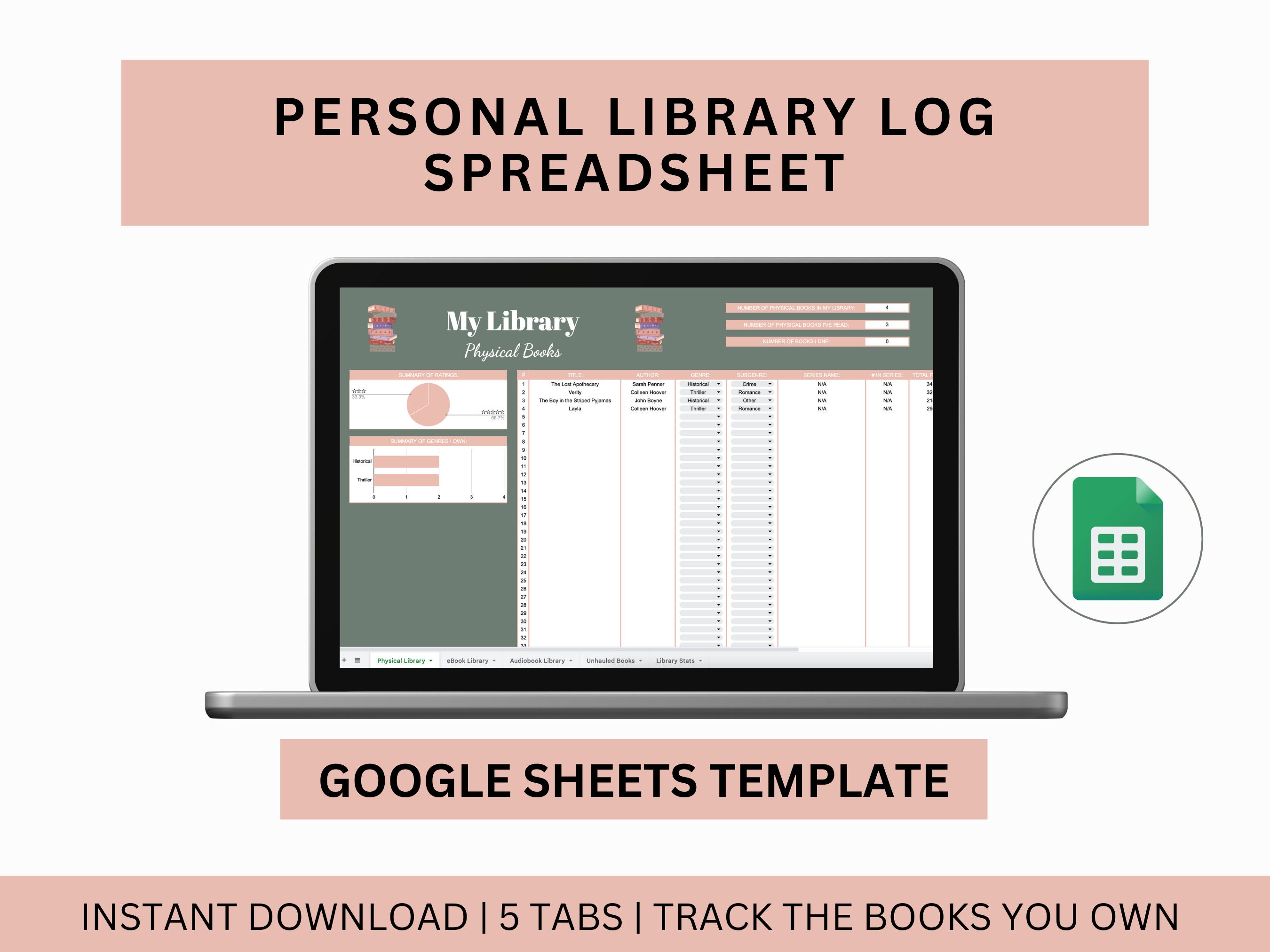 Personal Library Spreadsheet Library Tracker Sheet Google - Etsy