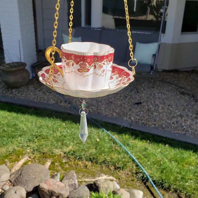 Upcycled Teacup Bird Feeder: Red Floral Vintage Charm, Crystal Accent ...