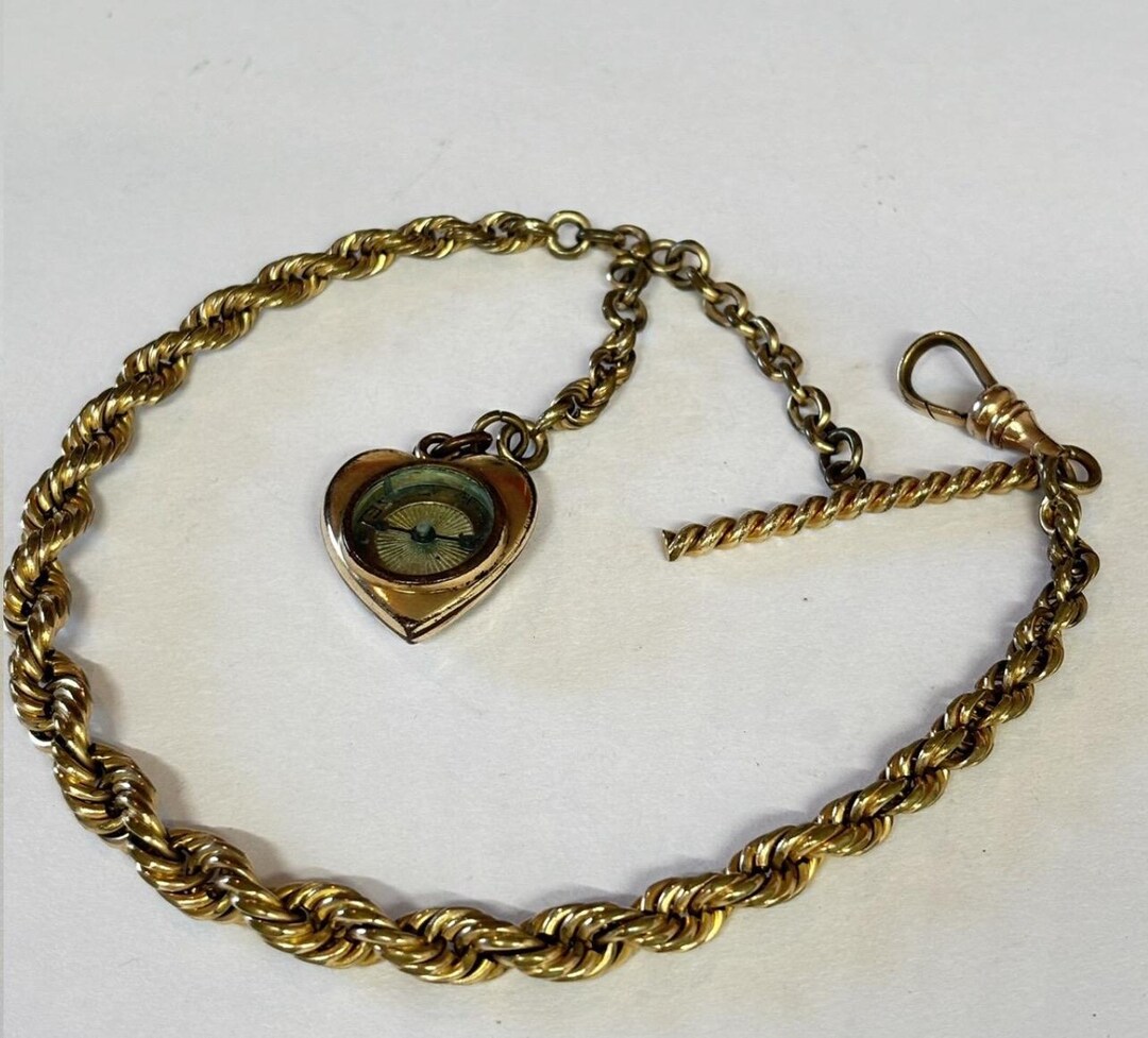 Antique Victorian Rolled Gold Watch Chain Compass Heart EB72 - Etsy