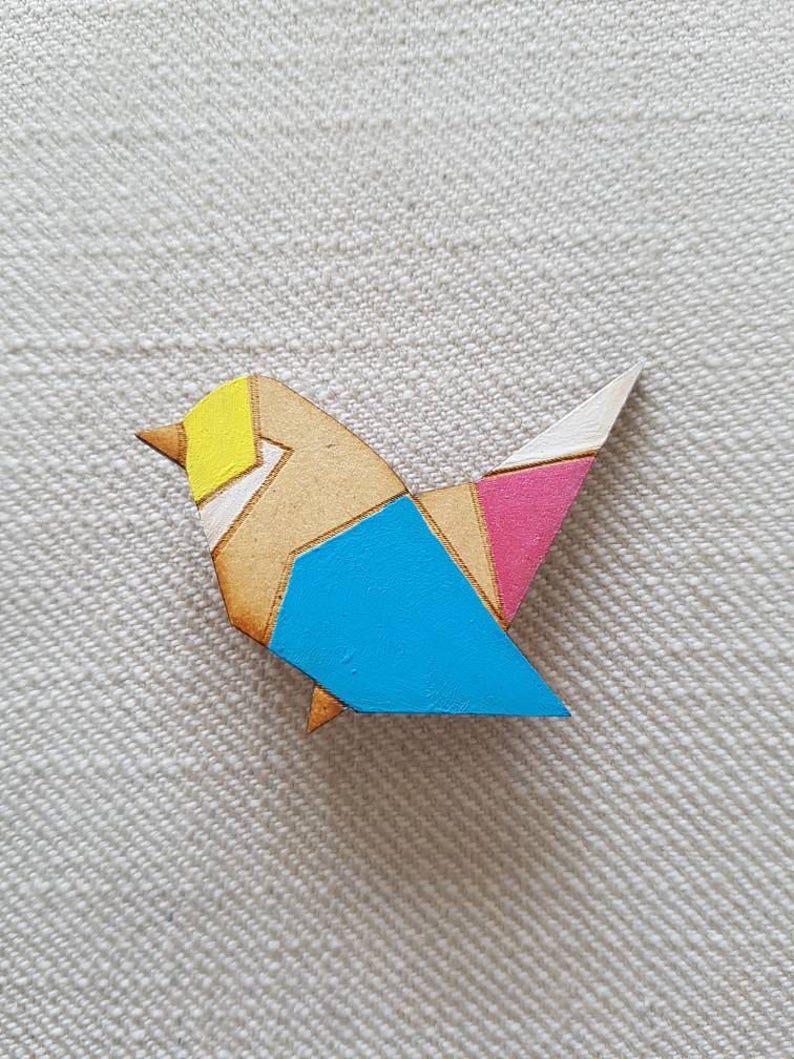 Pájaro Origami con un broche de madera de ala azul corte - Etsy España