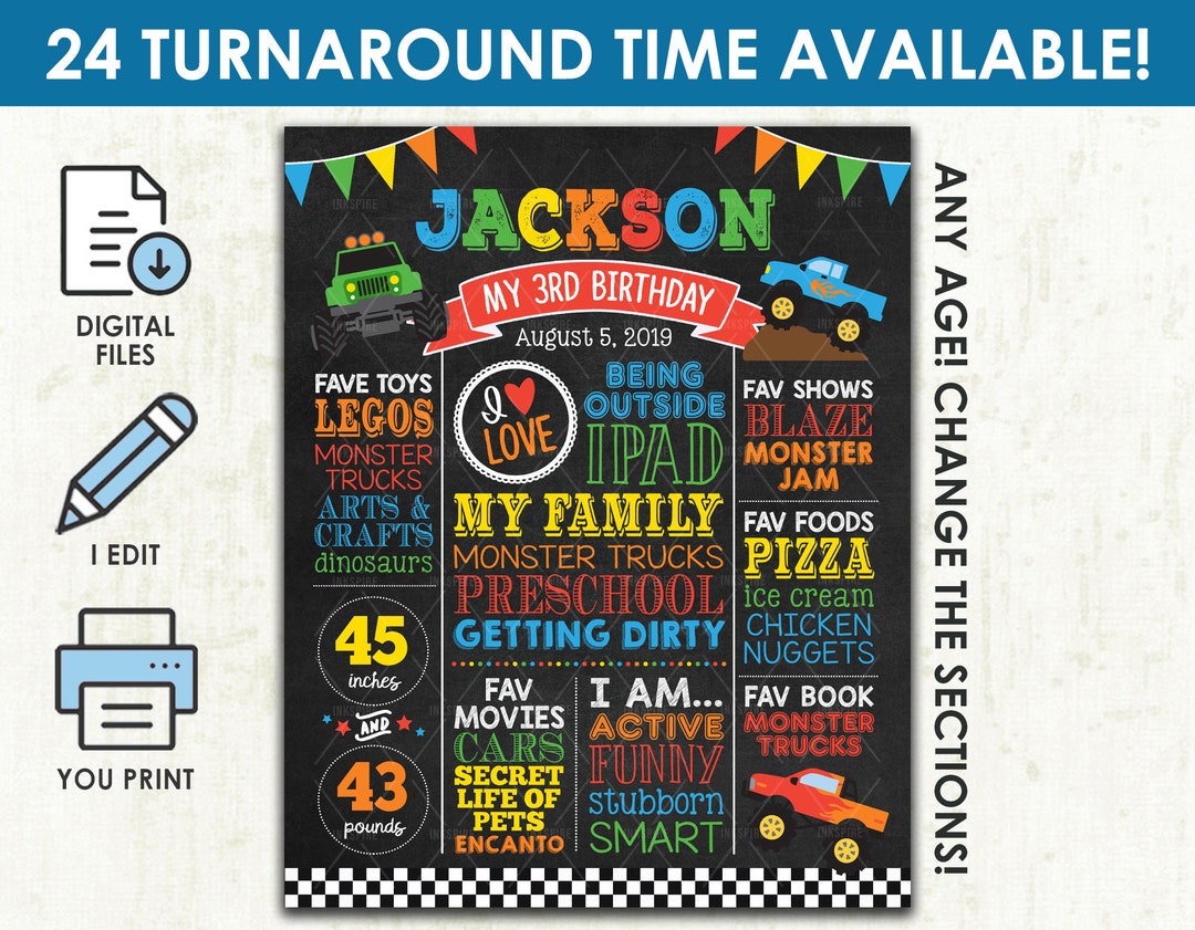Monster Truck First Birthday Chalkboard - Printable DIGITAL FILE ...