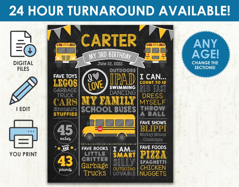 School Bus Birthday Chalkboard - Printable DIGITAL FILE - Yellow School ...