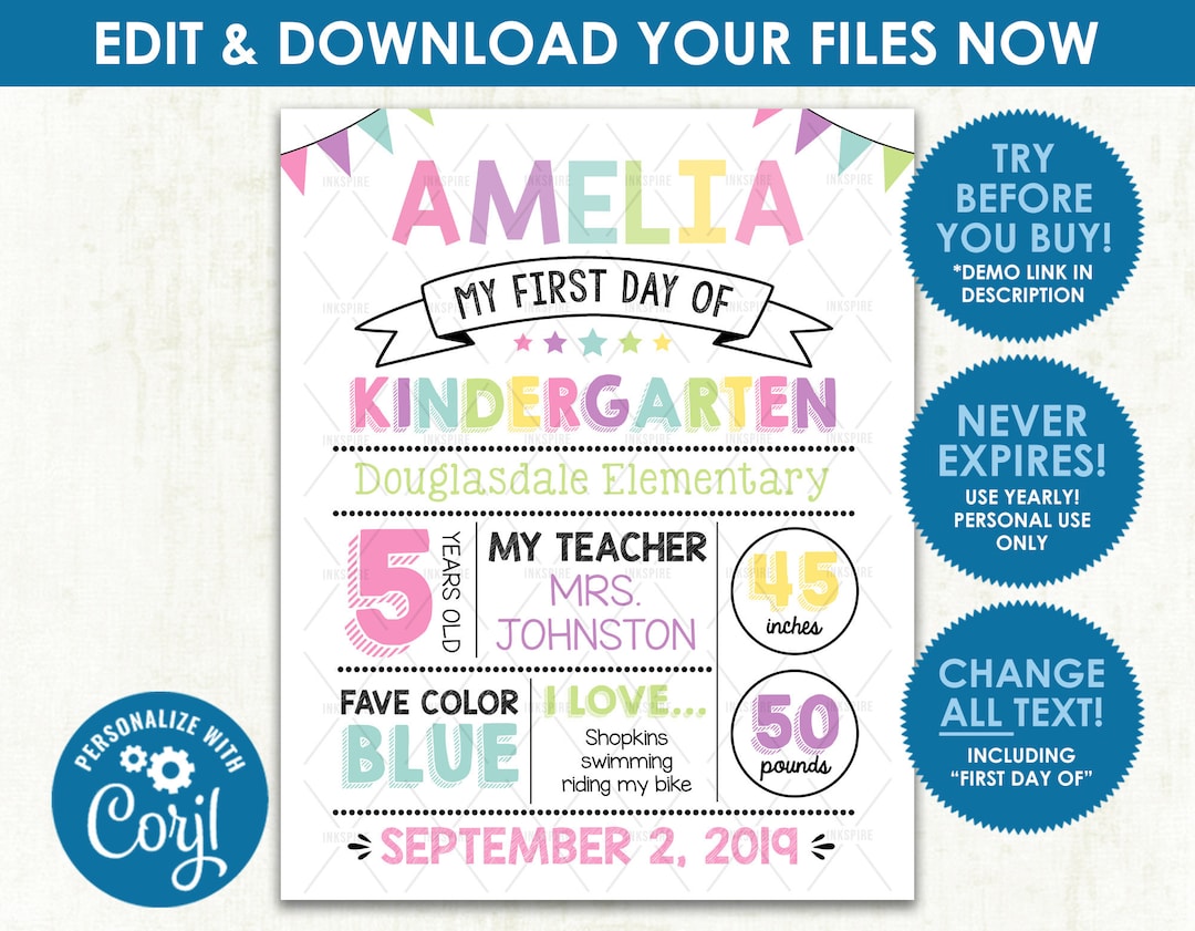 Editable School Sign - DIGITAL FILE - Girls Rainbow First and Last Day ...
