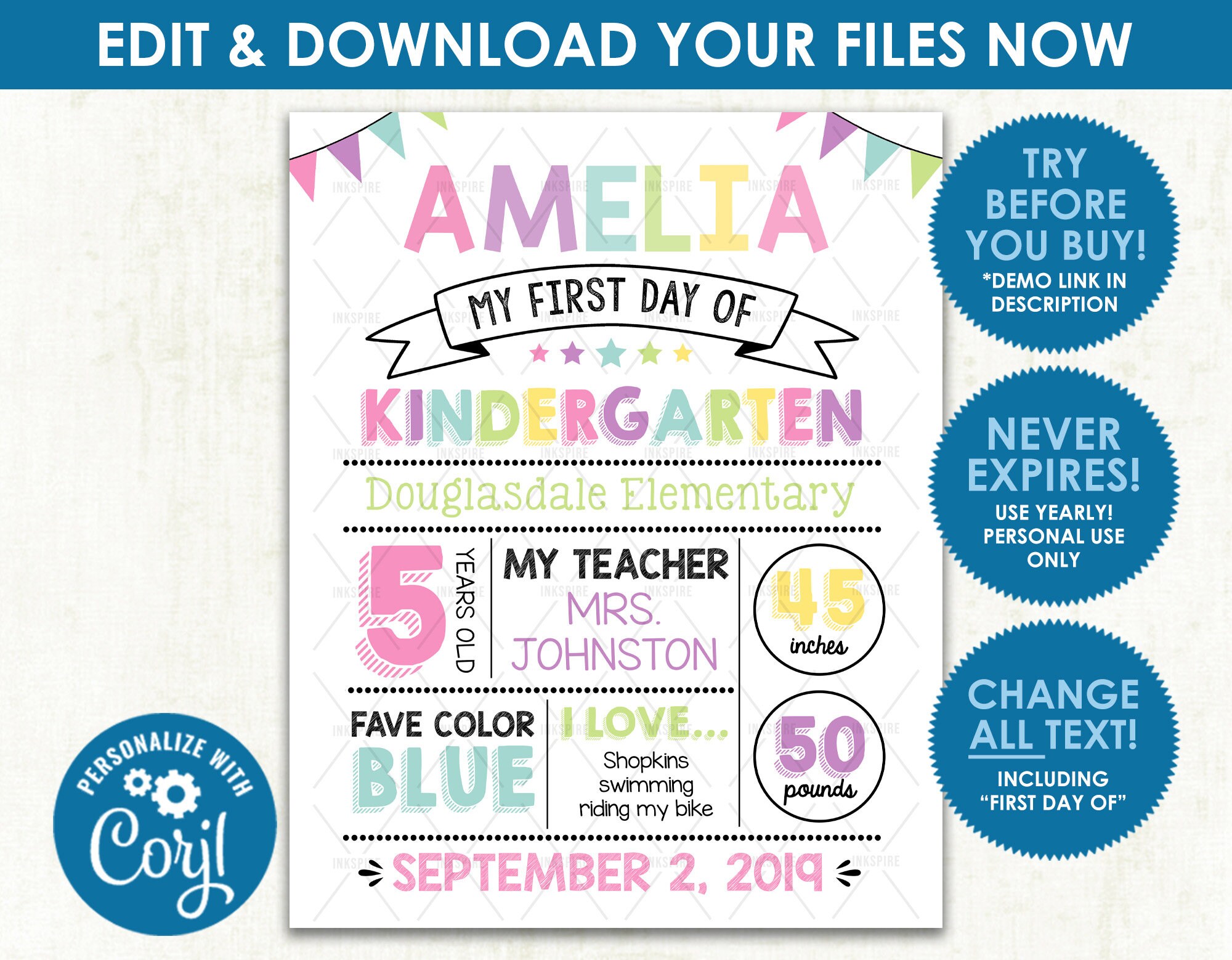 Editable School Sign - DIGITAL FILE - Girls Rainbow First and Last Day ...