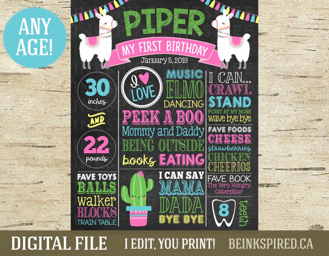 Llama Birthday Board - Printable DIGITAL FILE - Personalized First ...