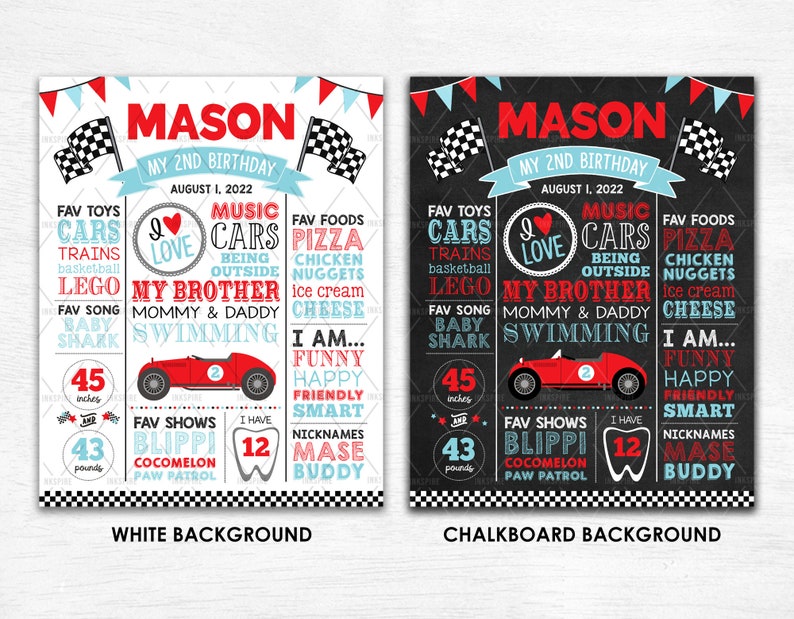 Race Car Birthday Chalkboard Printable DIGITAL FILE Two - Etsy