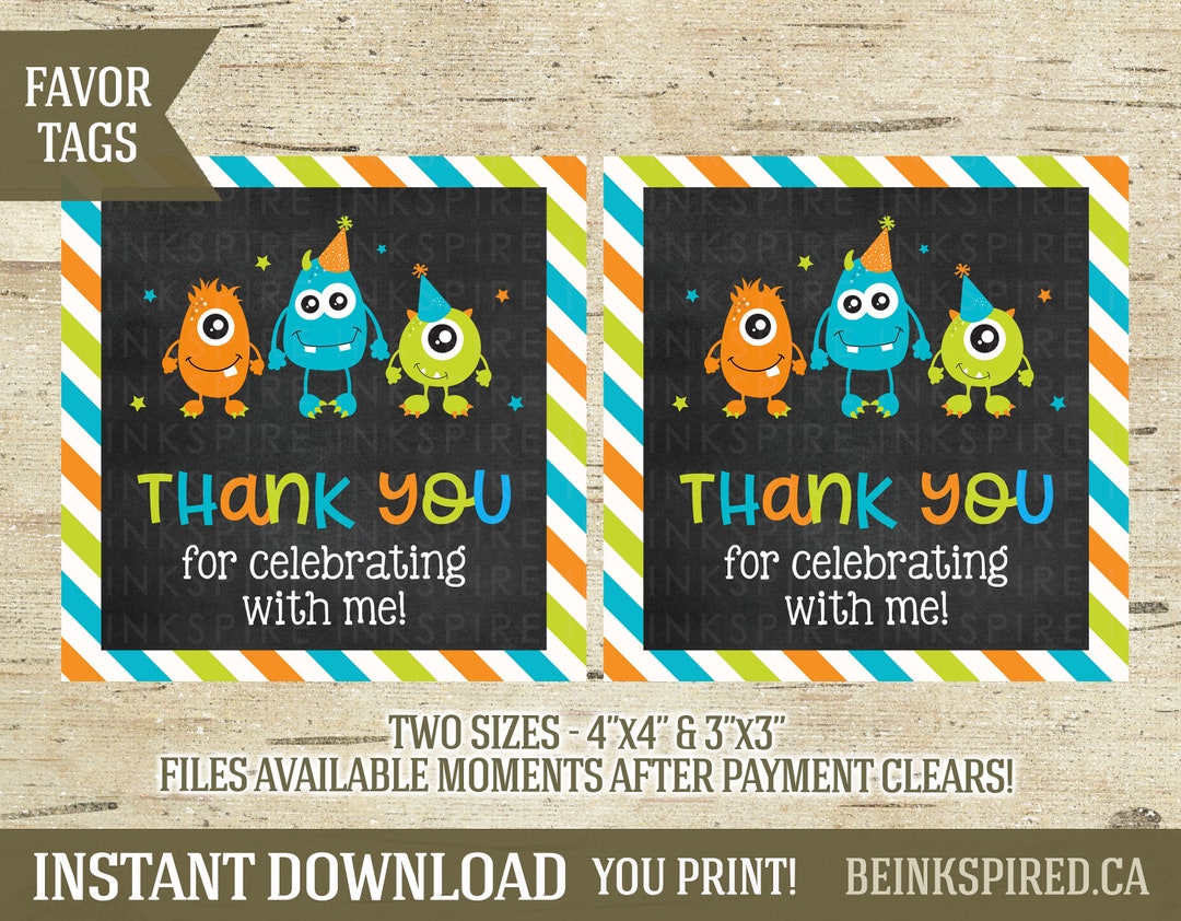 Monster Thank You Tag, Printable Monster Birthday Party Thank You Favor ...