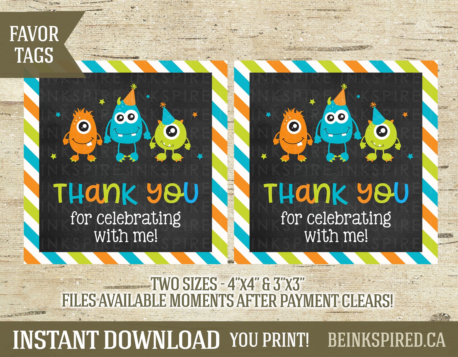 Monster Thank You Tag, Printable Monster Birthday Party Thank You Favor ...