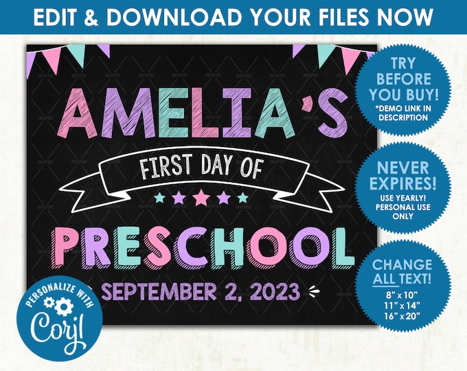 Editable First Day of School Poster DIGITAL FILE Printable Pastel Girls ...