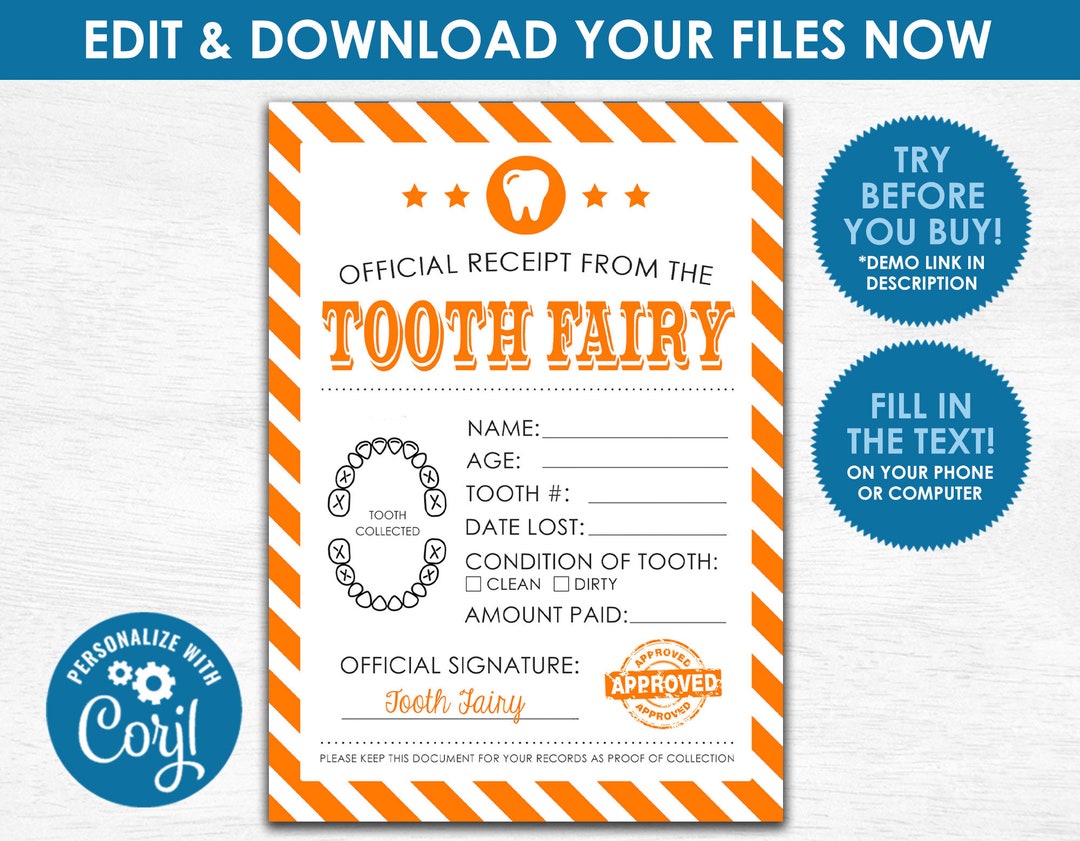 EDITABLE Tooth Fairy Receipt Lost Tooth Receipt Printable - Etsy