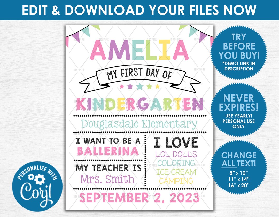 First Day of School Chalkboard Sign - Editable DIGITAL FILE - Girls ...