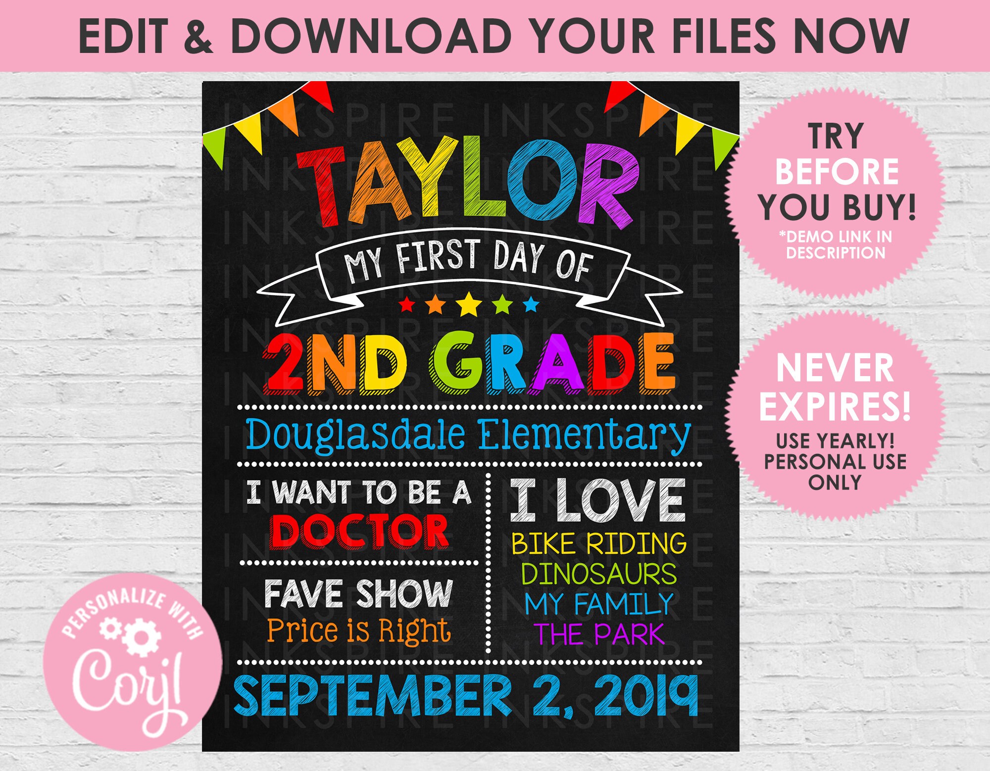 First Day of School Chalkboard Sign Editable DIGITAL FILE - Etsy