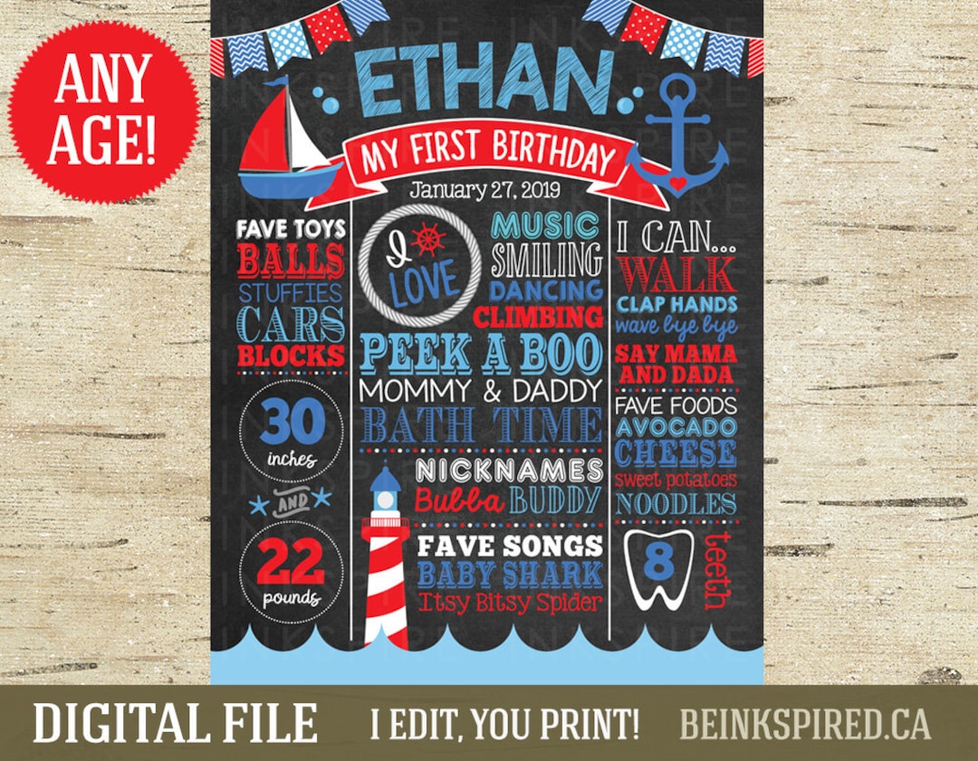 Nautical Birthday Board - Printable DIGITAL FILE - Blue & Red Under the ...