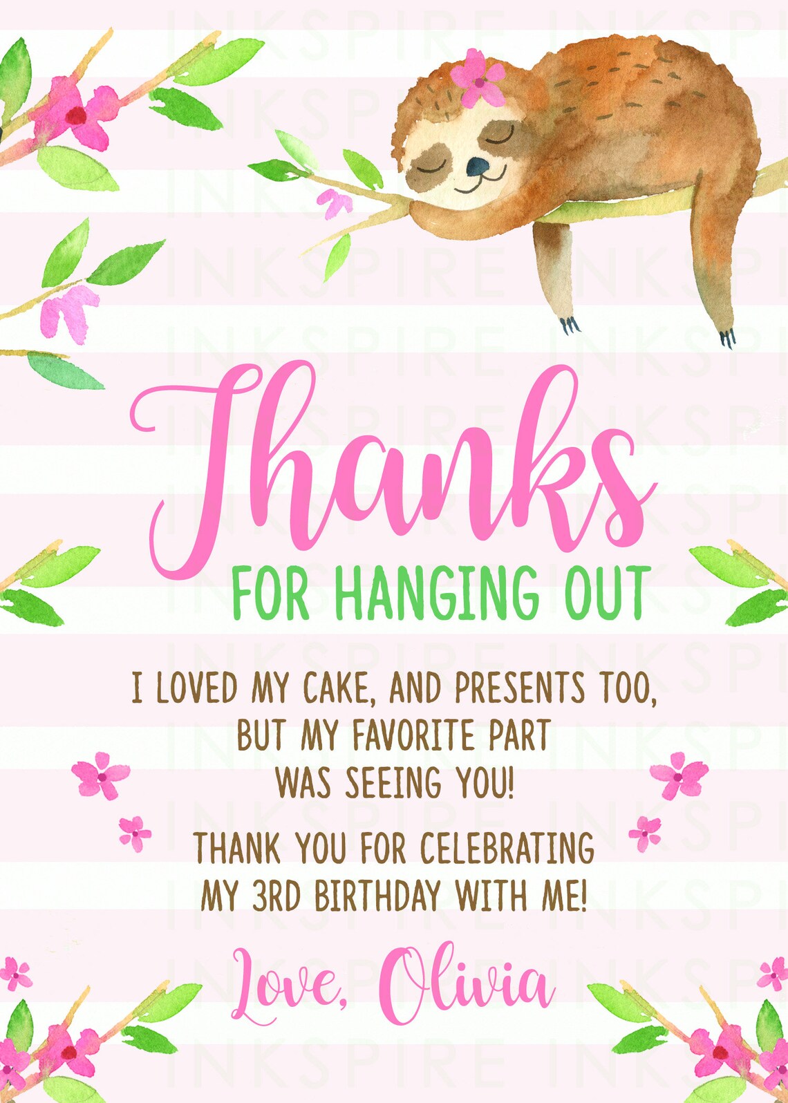 Sloth Thank You Card - DIGITAL FILE - Girls Watercolor Sloth Birthday ...