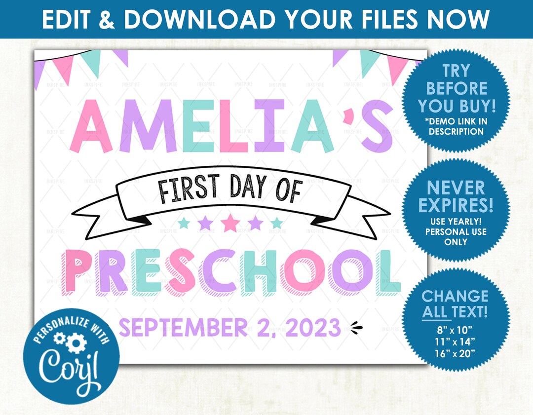 Editable First Day of School Poster - DIGITAL FILE - Printable Pink ...