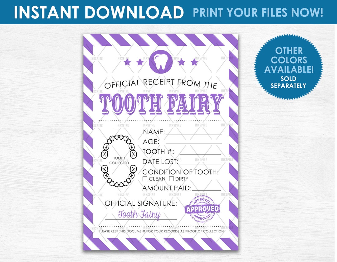 Tooth Fairy Receipt - INSTANT DOWNLOAD - Printable Purple 5"x7" First ...
