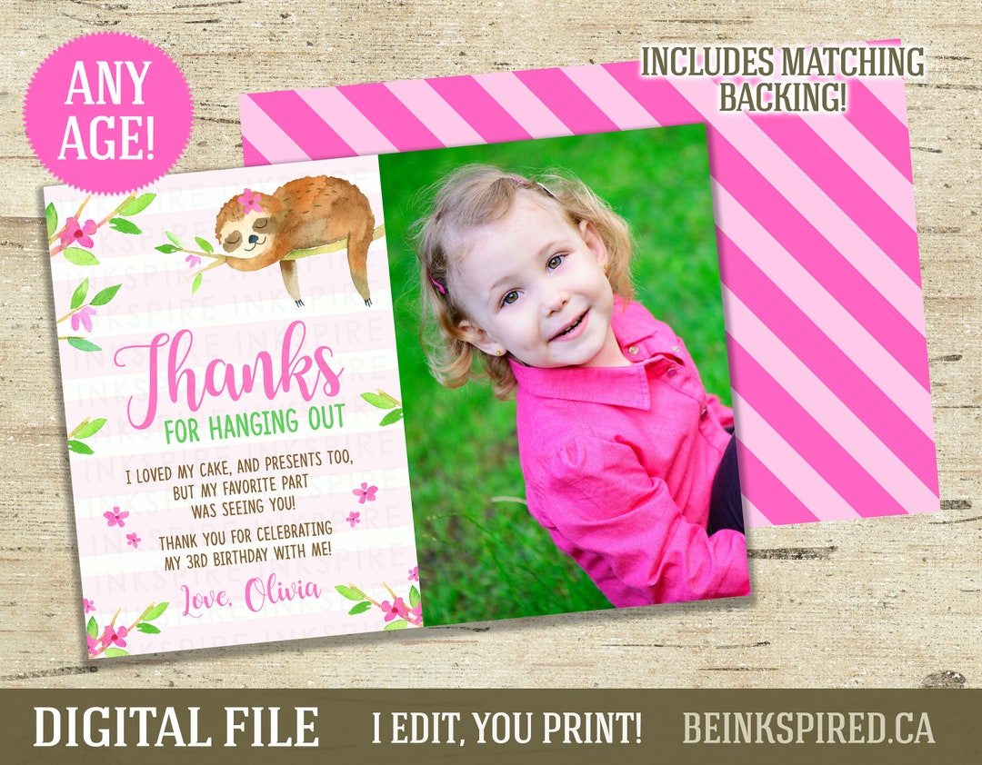 Sloth Thank You Card - DIGITAL FILE - Girls Watercolor Sloth Birthday ...