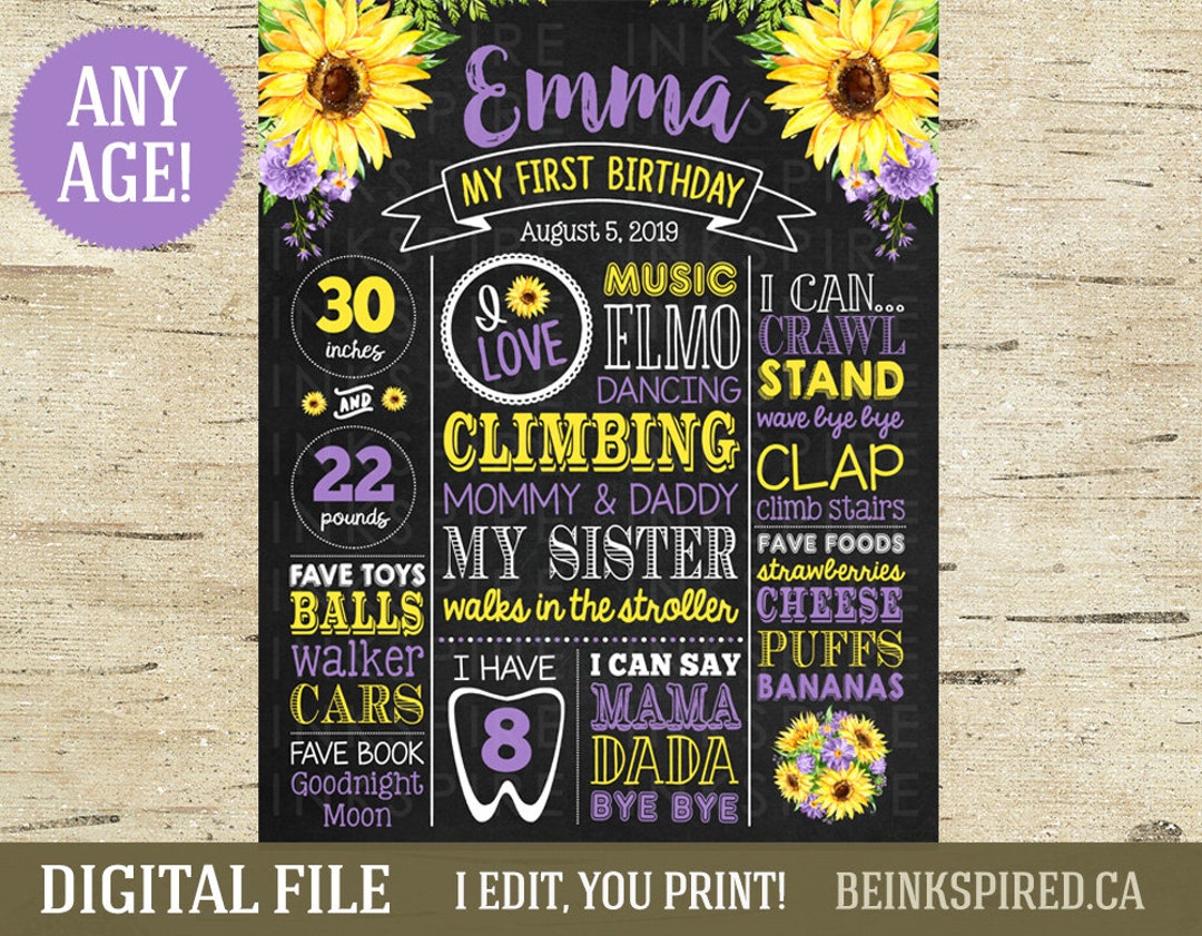 Sunflower Birthday Board - Printable DIGITAL FILE - Pink & Yellow ...