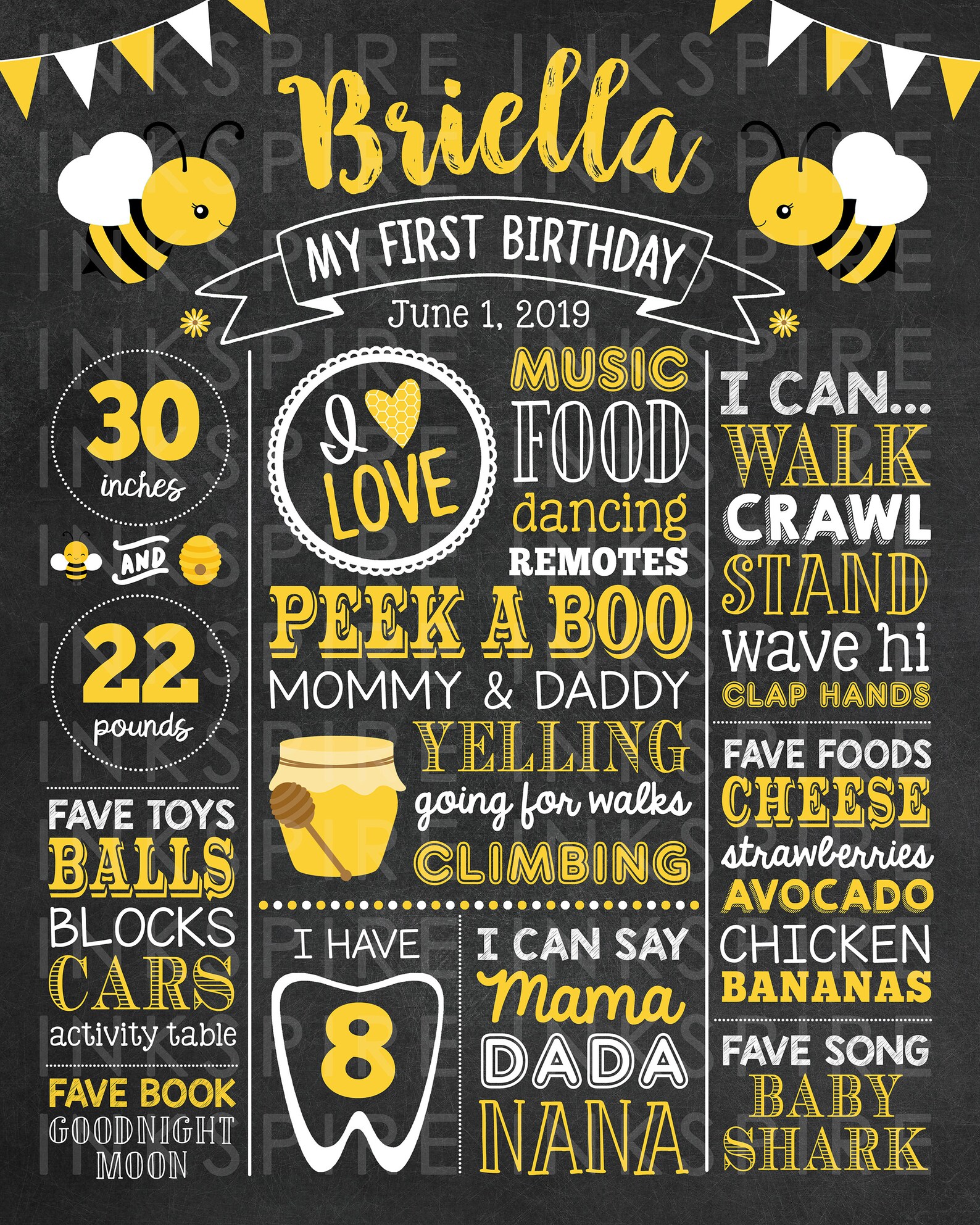 Bee Birthday Board - Printable DIGITAL FILE - Bumble Bee First Birthday ...