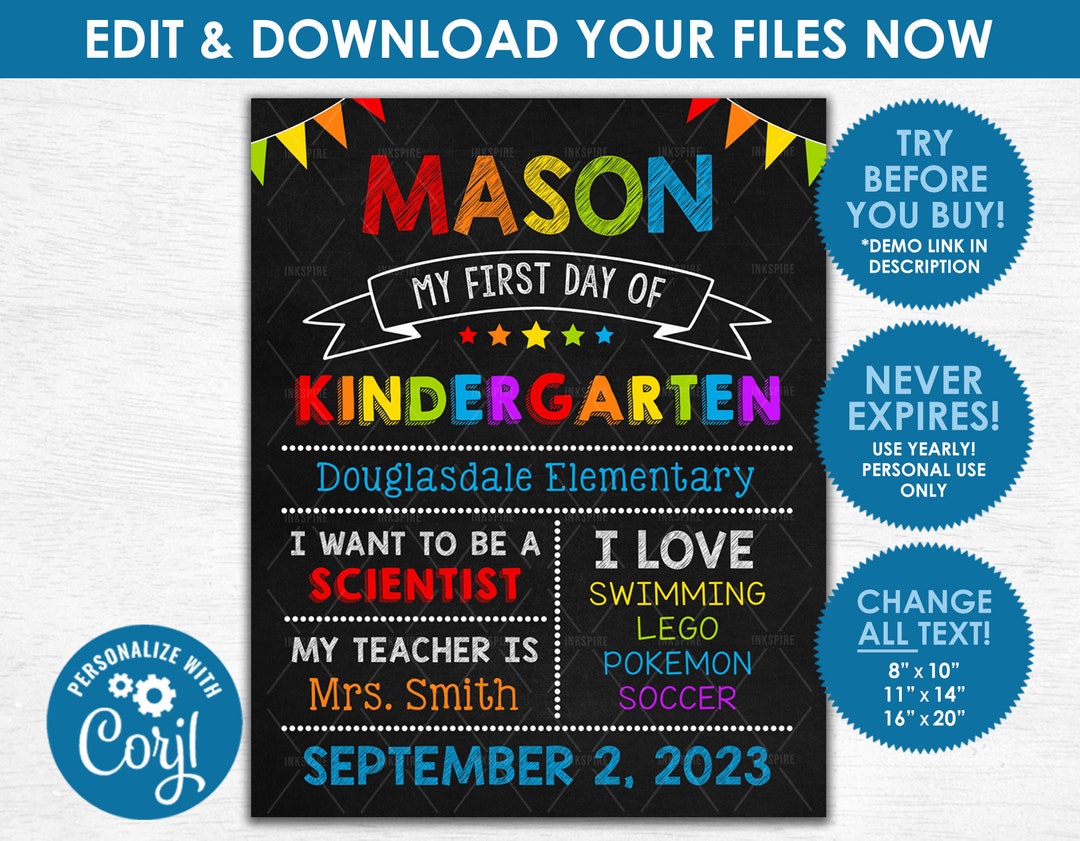 First Day of School Chalkboard Sign - Editable DIGITAL FILE - Rainbow ...