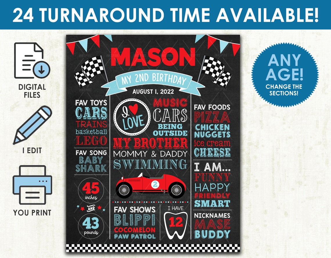 Race Car Birthday Chalkboard Printable DIGITAL FILE Two - Etsy