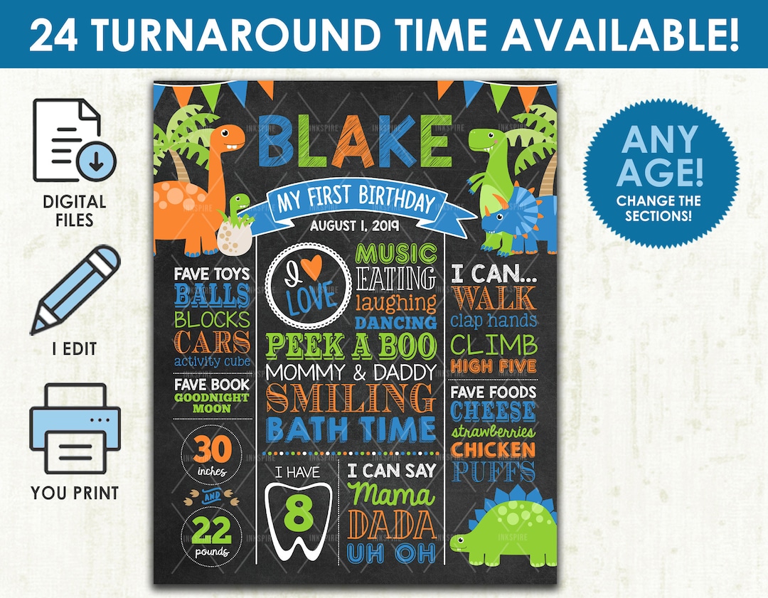 Dinosaur Birthday Board - Printable DIGITAL FILE - Orange, Green & Blue ...