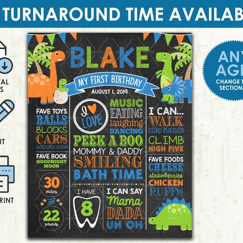 Dinosaur Birthday Board Printable DIGITAL FILE Orange - Etsy