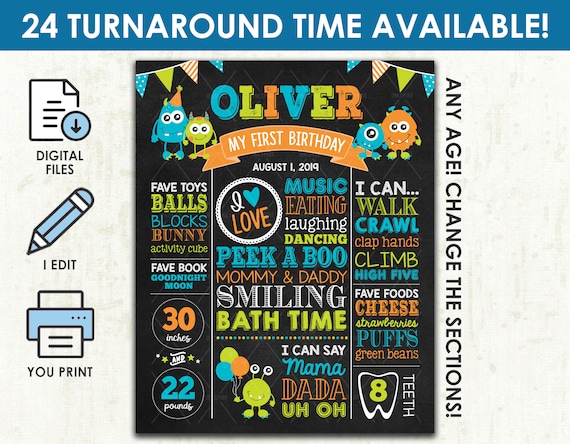 Monster First Birthday Chalkboard Printable DIGITAL FILE | Etsy