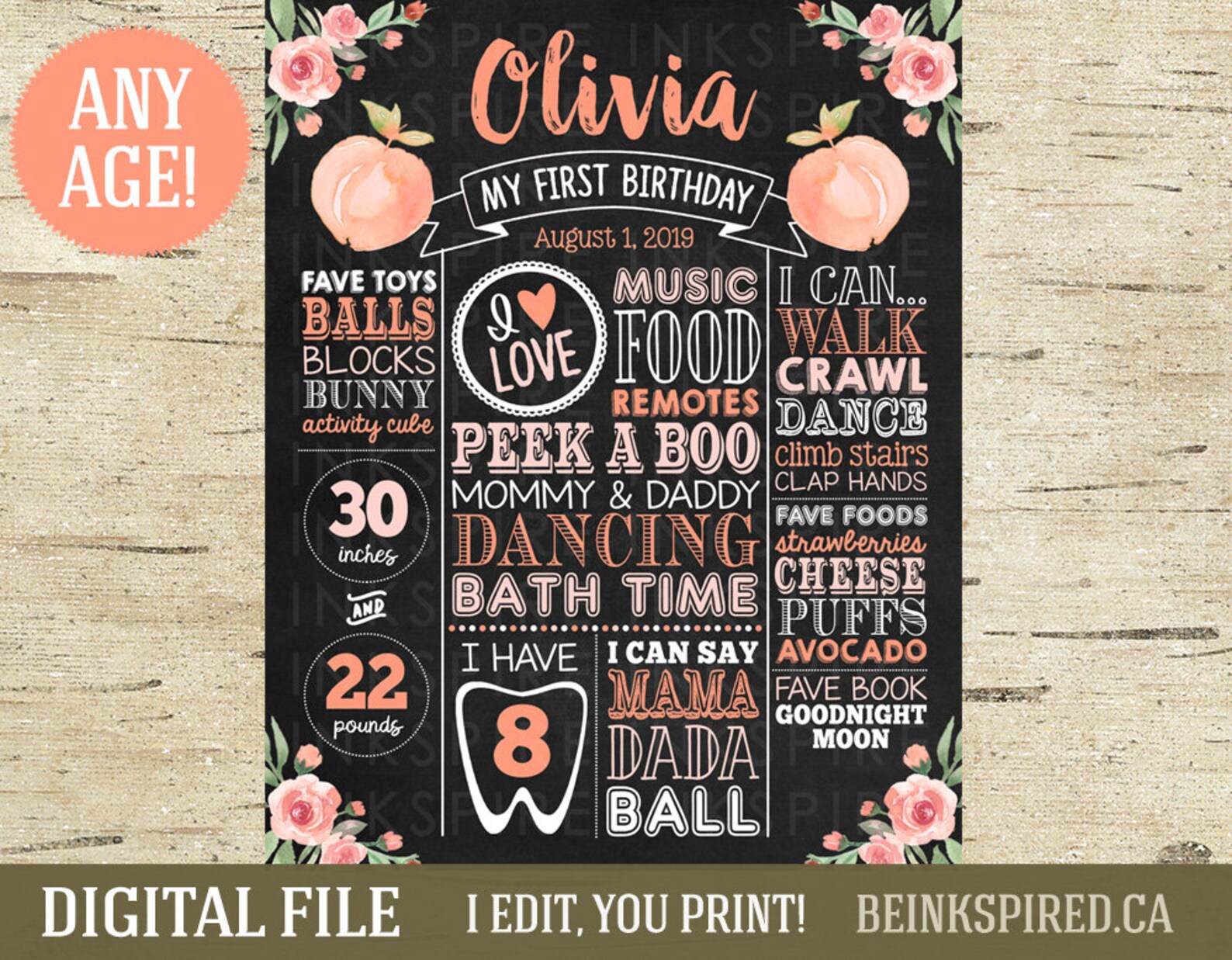 Peach Birthday Chalkboard - Printable DIGITAL FILE - Sweet as a Peach ...
