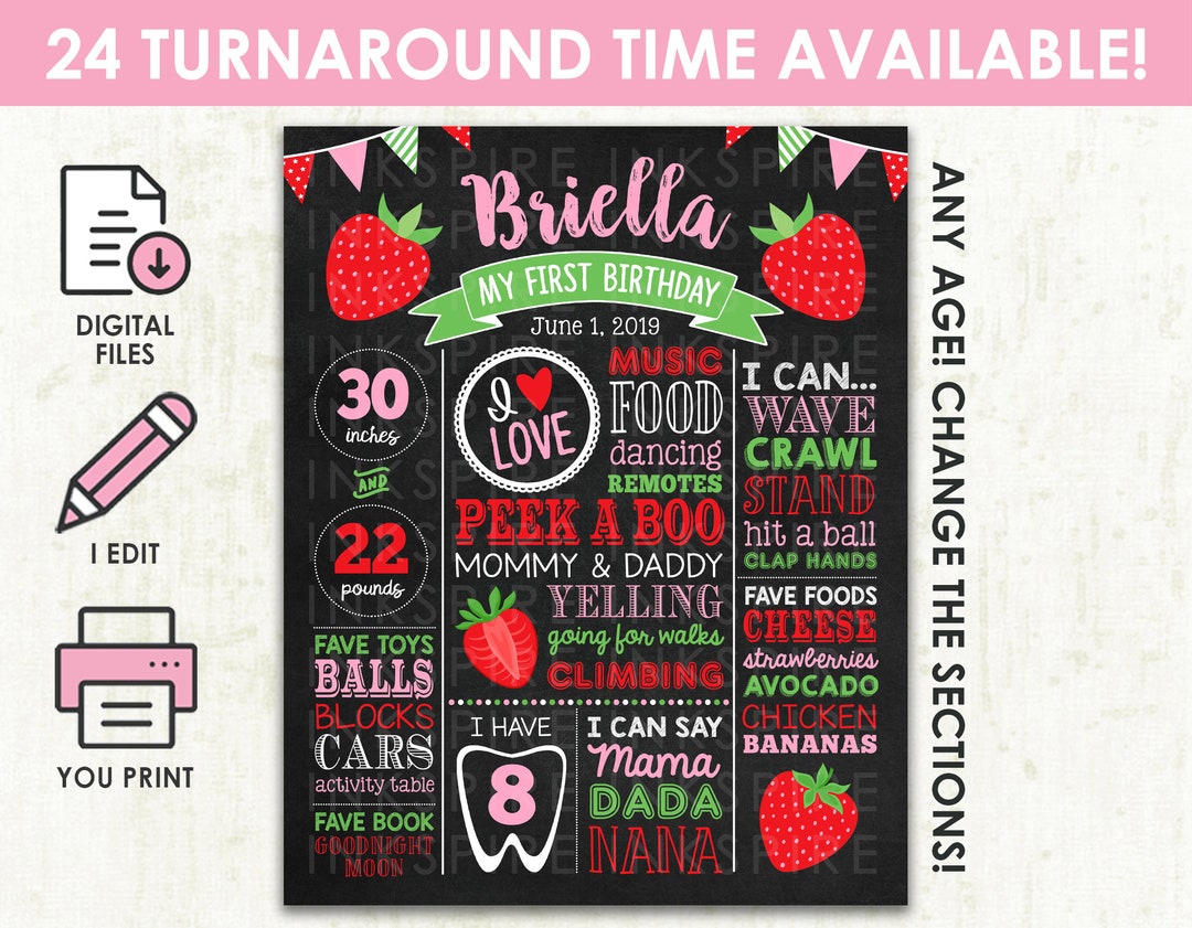 Strawberry Birthday Chalkboard - Printable DIGITAL FILE - Strawberry ...