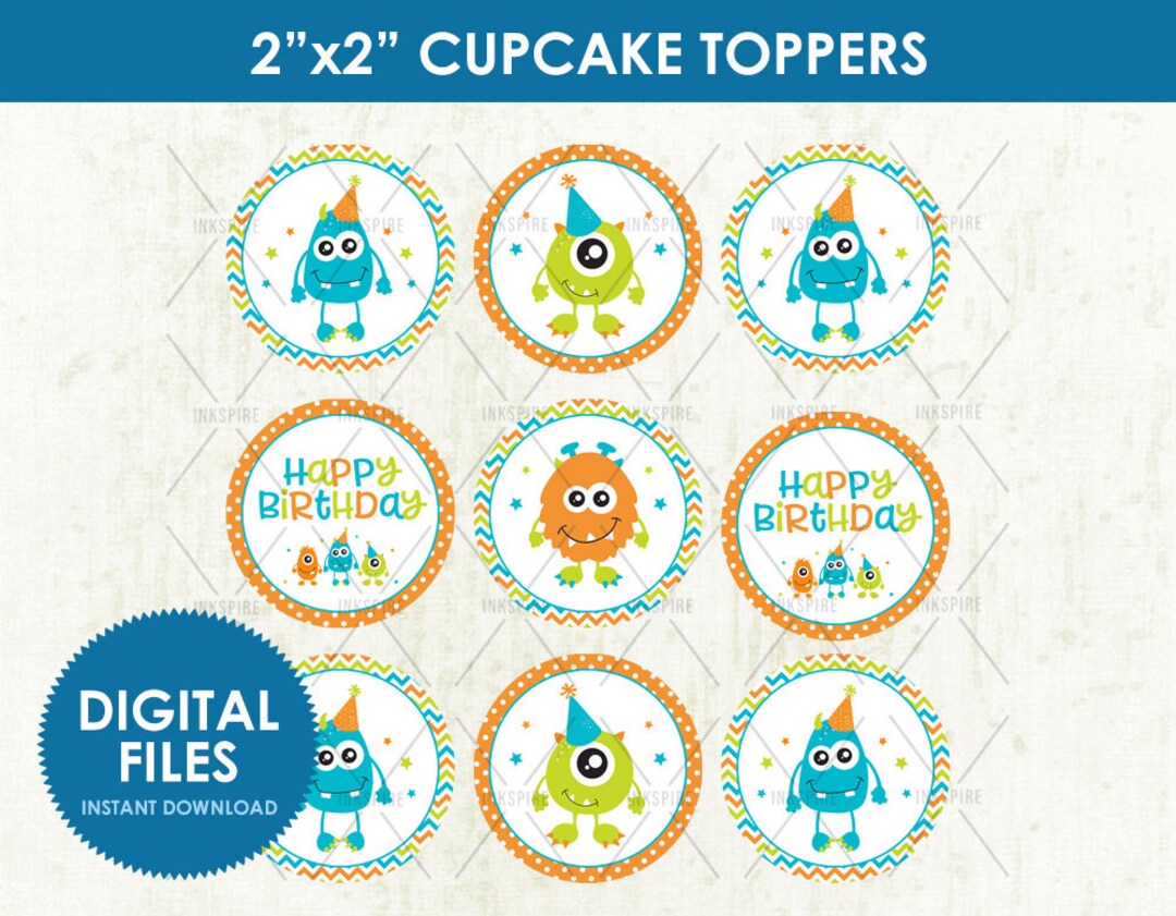 Monster Cupcake Toppers - INSTANT DOWNLOAD - Printable Green Orange ...